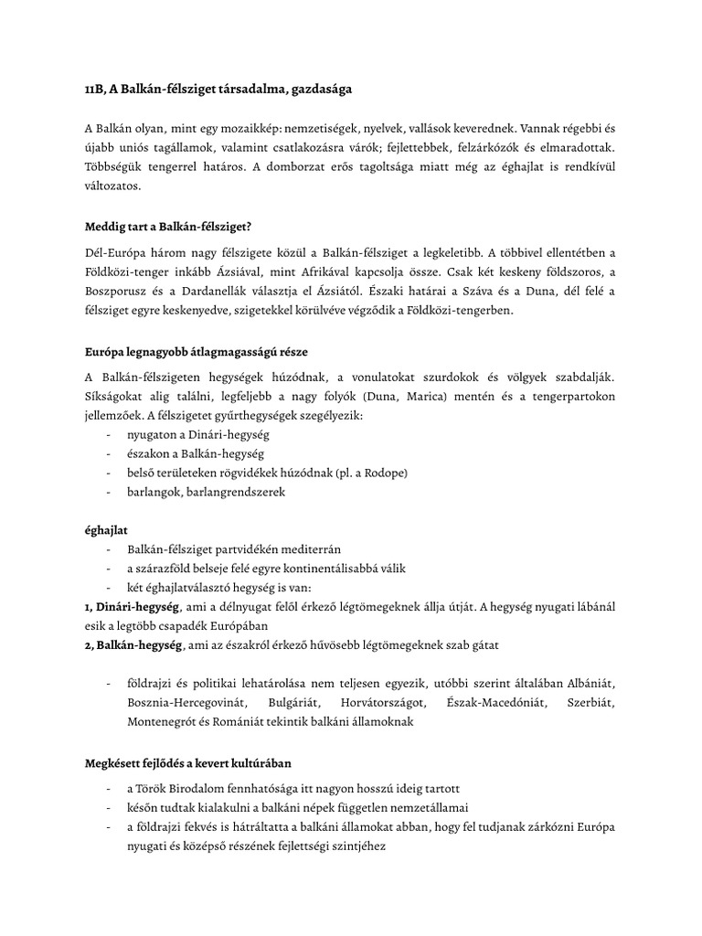 11B, A Balkán-Félsziget Társadalma, Gazdasága | PDF
