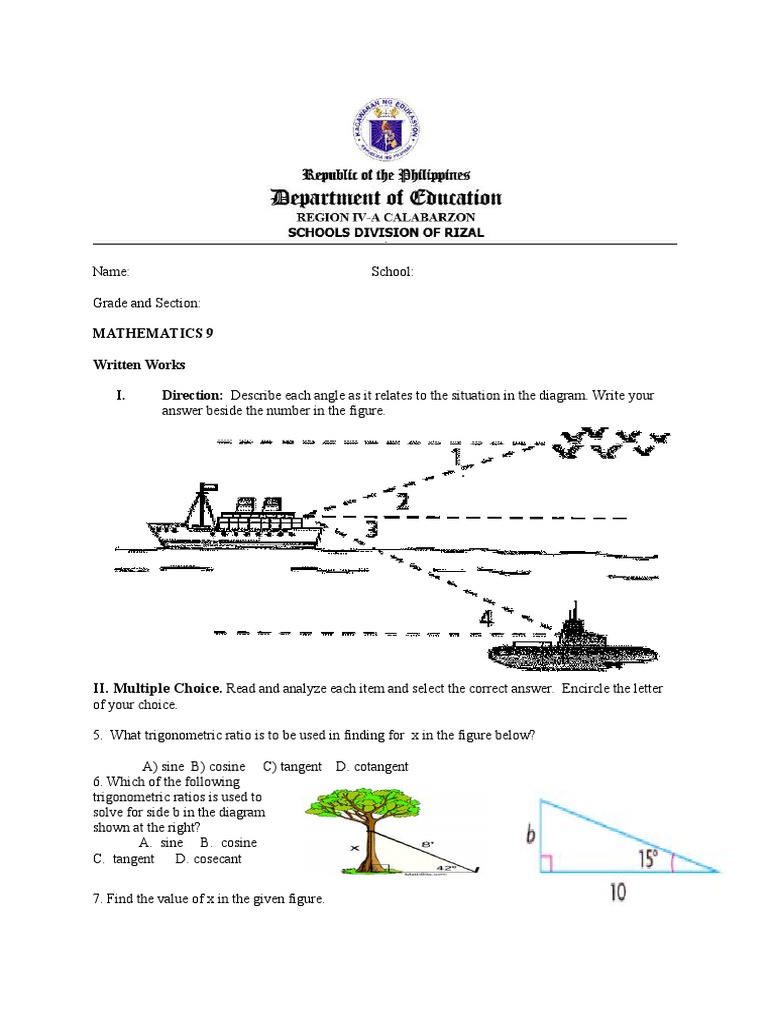 Q4 - WEEK3 - WW - PT For G9 | PDF | Trigonometric Functions | Mathematics
