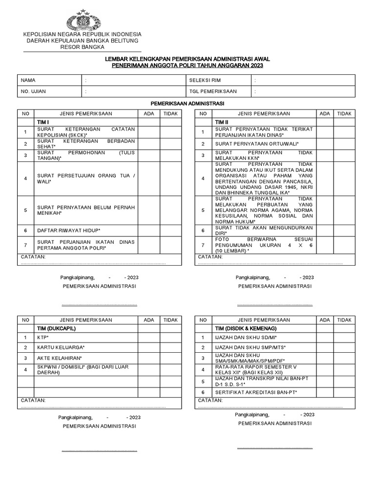 Blangko Ceklis Berkas Adm Rikmin Rim Anggota Polri 2023 Pdf