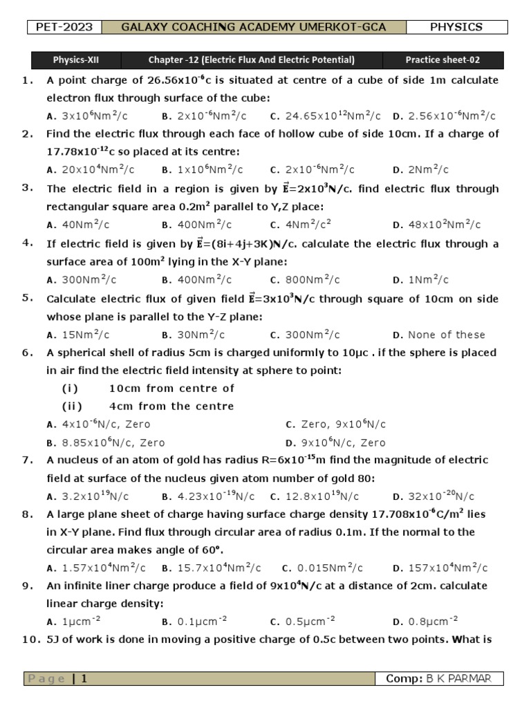 Physics-XII Chapter - 12 (Electric Flux and Electric Potential) Practice Sheet-02 | PDF ...