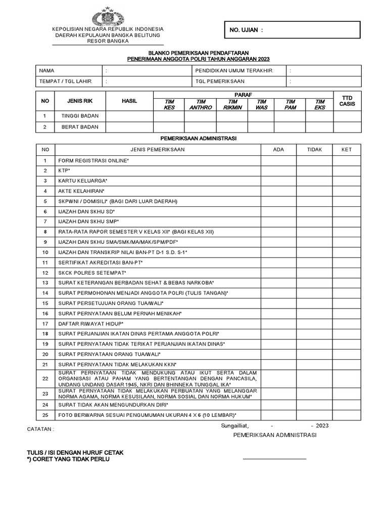 Blangko Ceklis Berkas Adm Rim Anggota Polri 2023 | PDF