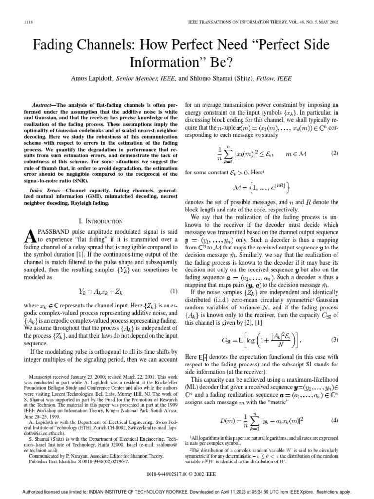 Fading Channels How Perfect Need Perfect Side Information Be | PDF ...
