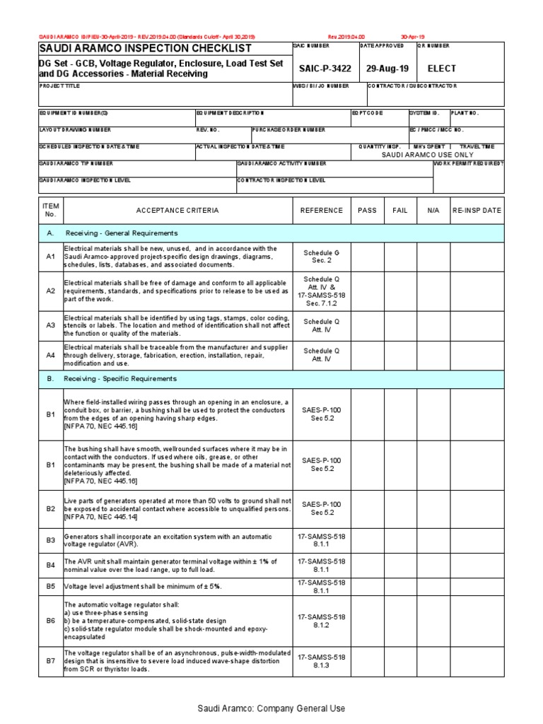 Saudi Aramco Inspection Checklist | PDF | Battery Charger | Switch