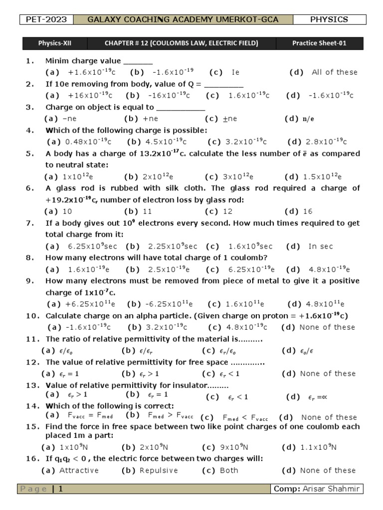 Physics XII Chapter# 12 Practice Sheet | PDF | Electric Charge | Permittivity