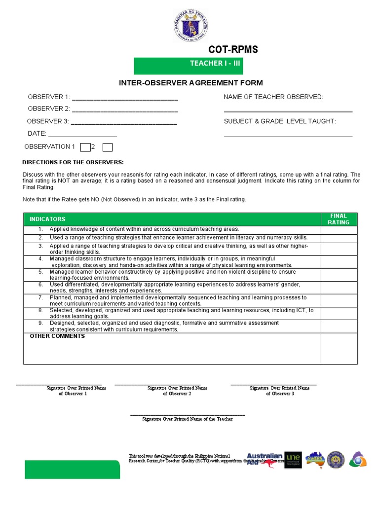 Inter Observer Agreement Form - Teacher I III SY2022 2023 | PDF ...