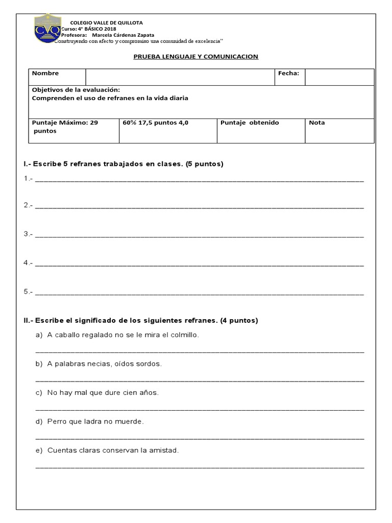 Prueba Lenguaje Refranes | PDF | Crecimiento personal y profesional ...