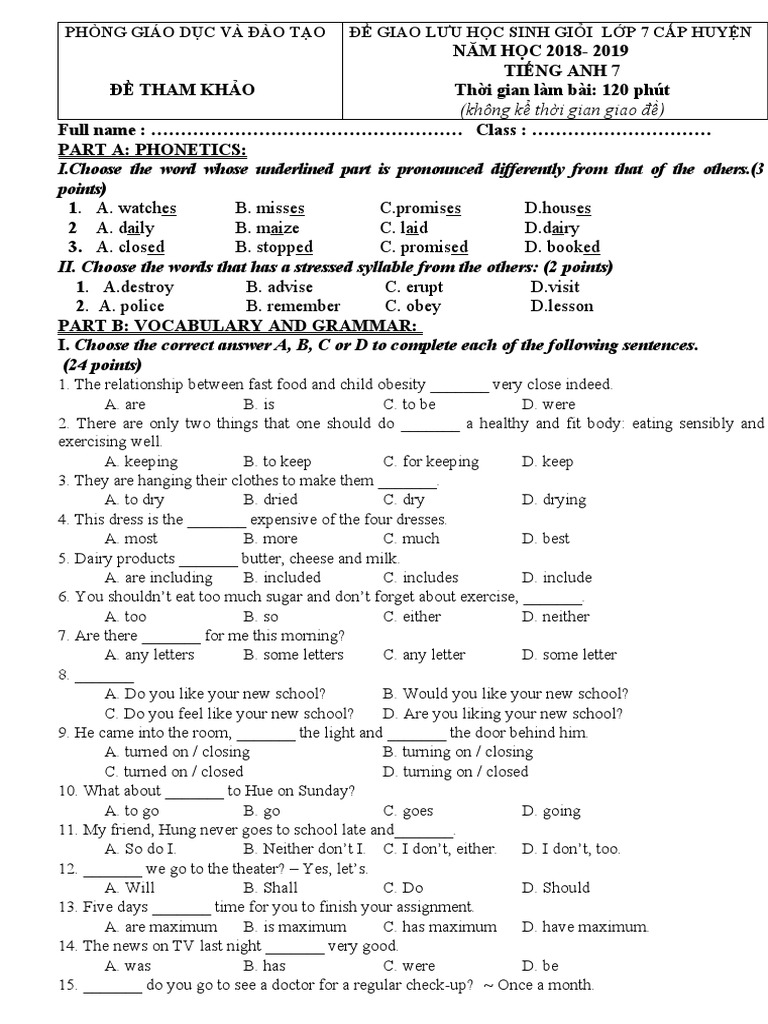 (Lib24.vn) De-Thi-Hsg-Tieng-Anh-7-Cap-Huyen-Nam-2018-2019 | PDF | Elephant | Linguistics