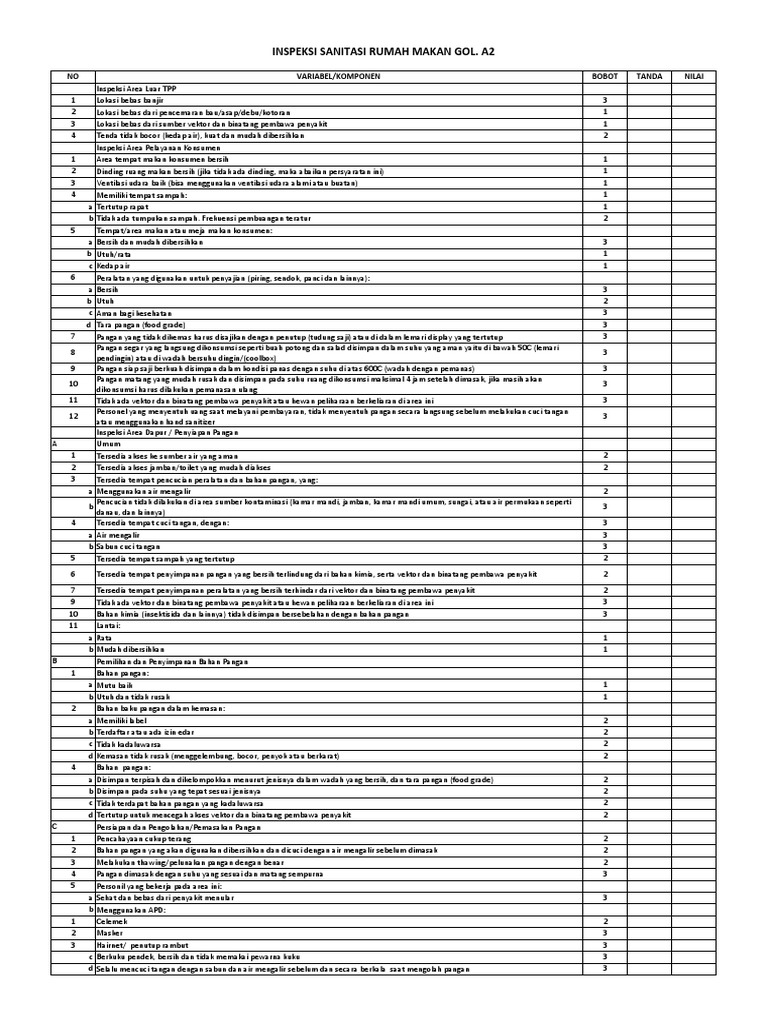 Inspeksi Sanitasi Rumah Makan Gol. A2: NO Variabel/Komponen Bobot Tanda ...