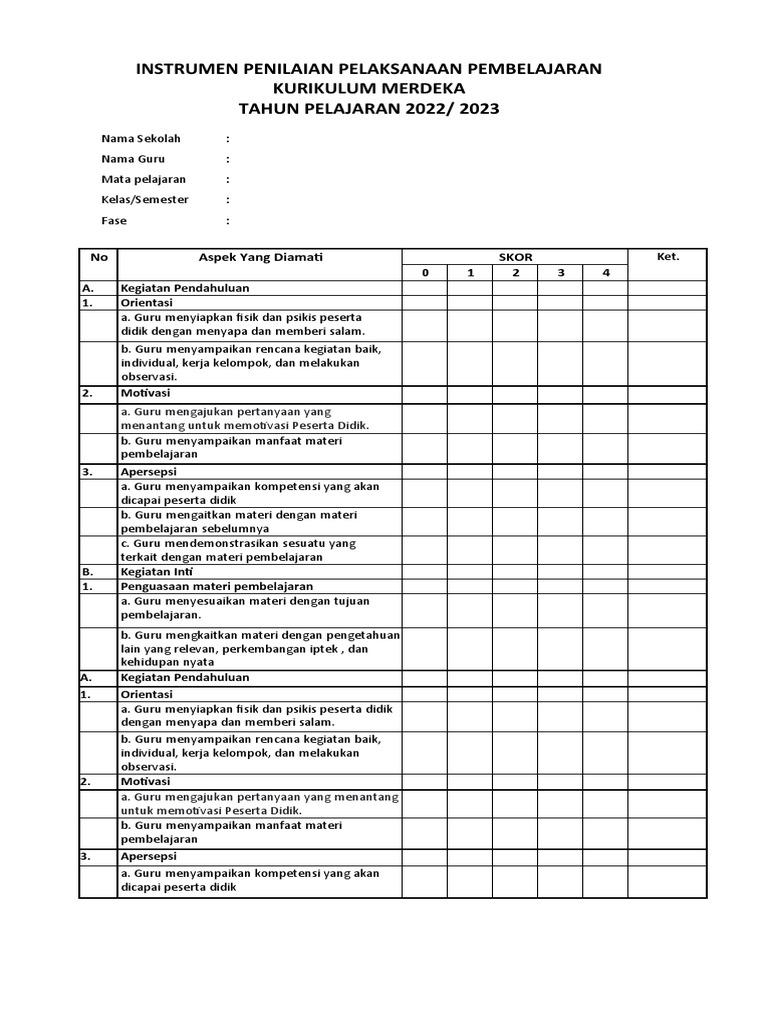 Instrumen Penilaian Pelaksanaan Pembelajaran Kurikulum Merdeka TAHUN ...