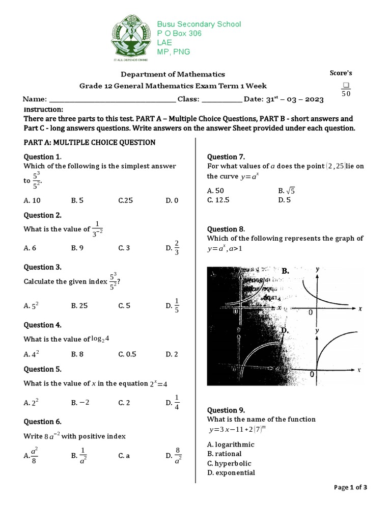 GR 12 Gen Maths Exam Term 1 2023 | PDF | Logarithm | Exponential Function