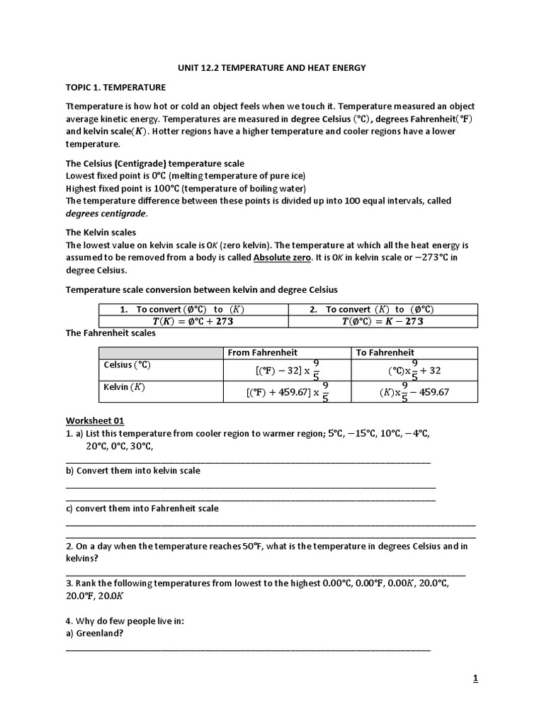 Unit 2. Temperature and Heat Energy | PDF | Celsius | Fahrenheit