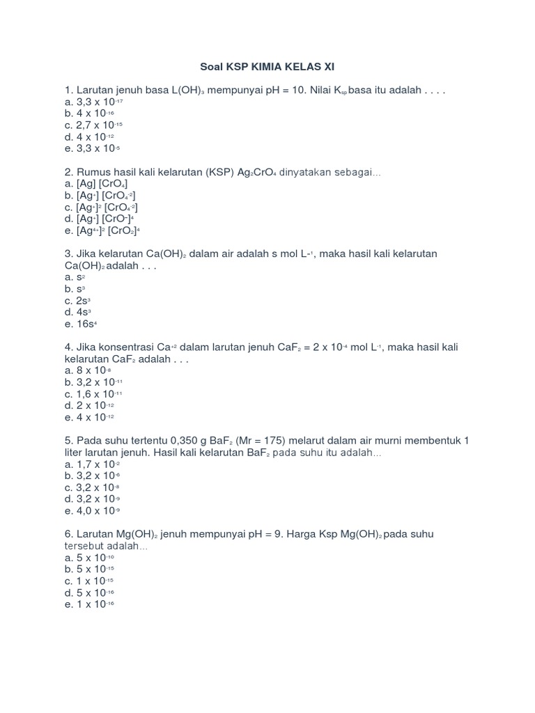Soal KSP KIMIA KELAS XI | PDF | Metode & Bahan Ajar | Sains & Matematika