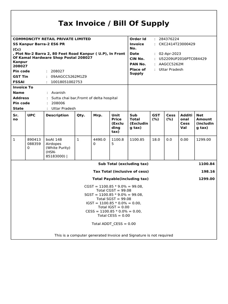 Boat White Headphone Bill | PDF | Economy Of Asia | Sales