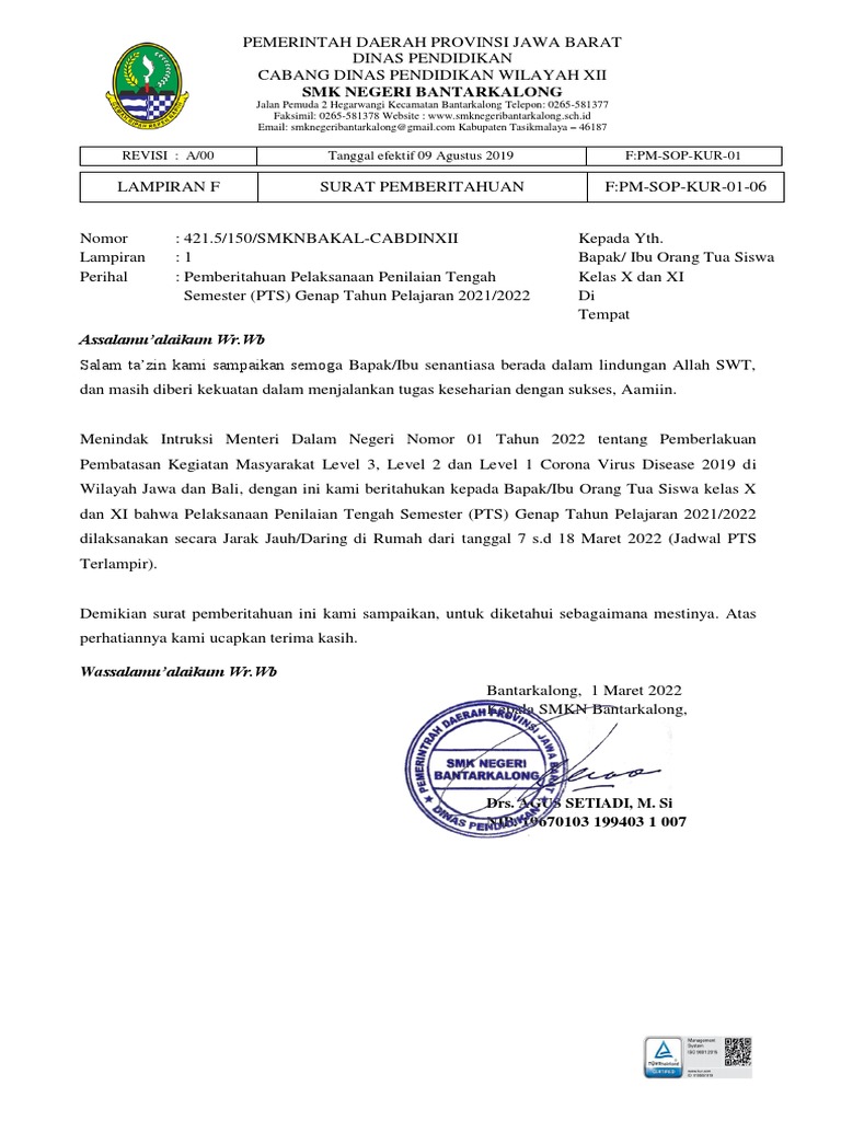Surat Pemberitahuan PTS Genap 2021-2022 | PDF