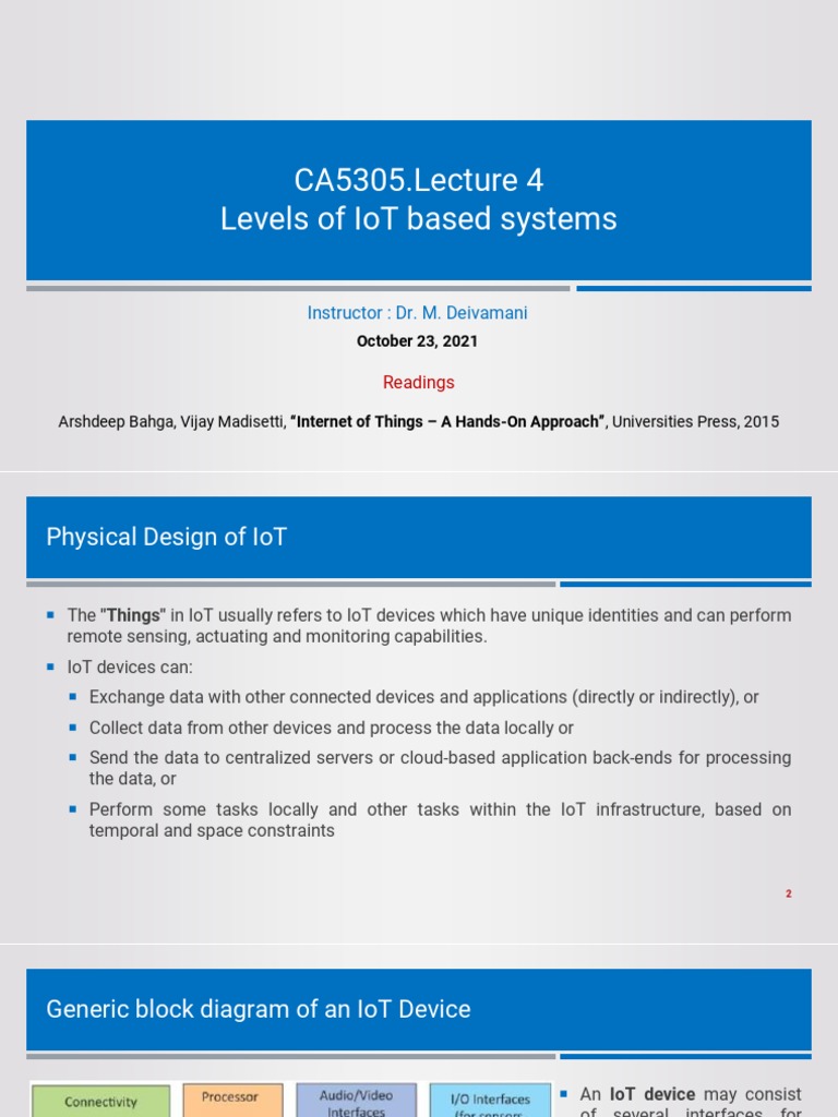 Ca5305.Lecture 4 Levels of Iot Based Systems: Instructor: Dr. M. Deivamani | PDF ...