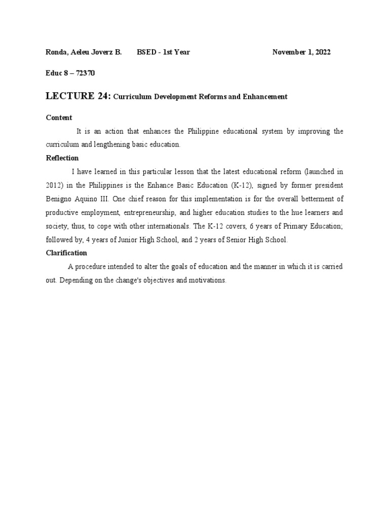 LECTURE 24 - Curriculum Development Reforms and Enhancement (CRP) | PDF