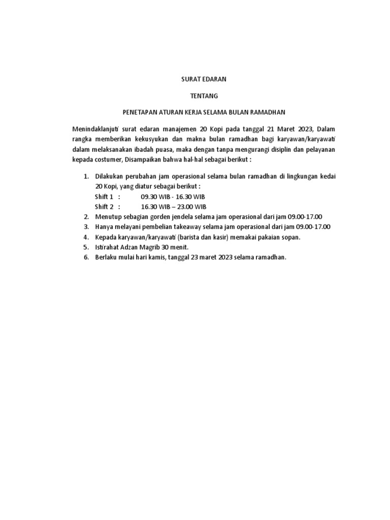 Contoh Surat Edaran Penetapan Jam Kerja Bulan Ramadhan | PDF