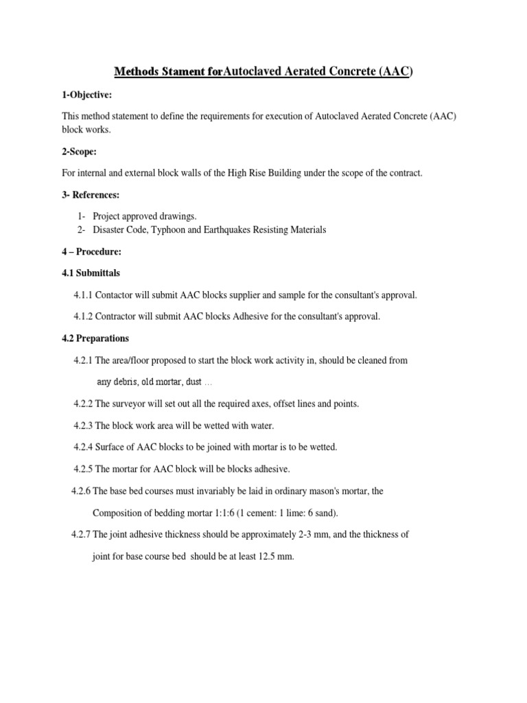 AAC Block Work Method Statement | PDF | Masonry | Concrete