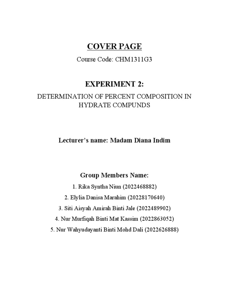 Percent Composition in Hydrate Compounds | PDF | Atoms | Physical Chemistry
