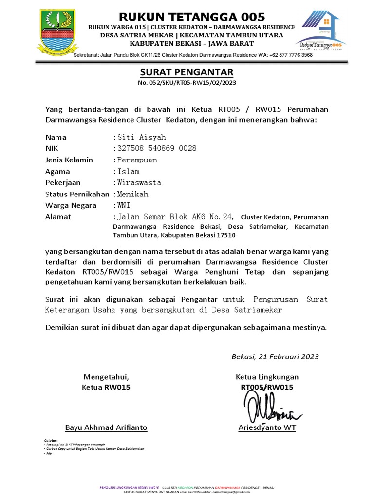 Surat Pengantar SKU - 052 SITI AISYAH AK0624 | PDF