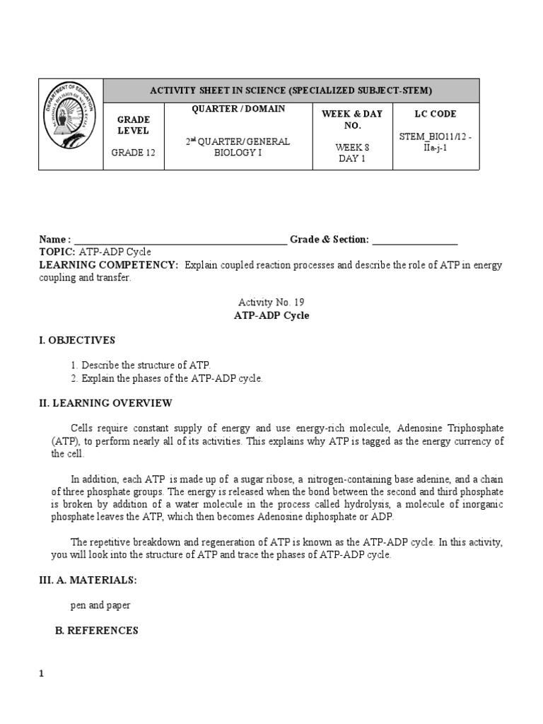 Activity Sheet in Science (Specialized Subject-Stem) Grade Level ...