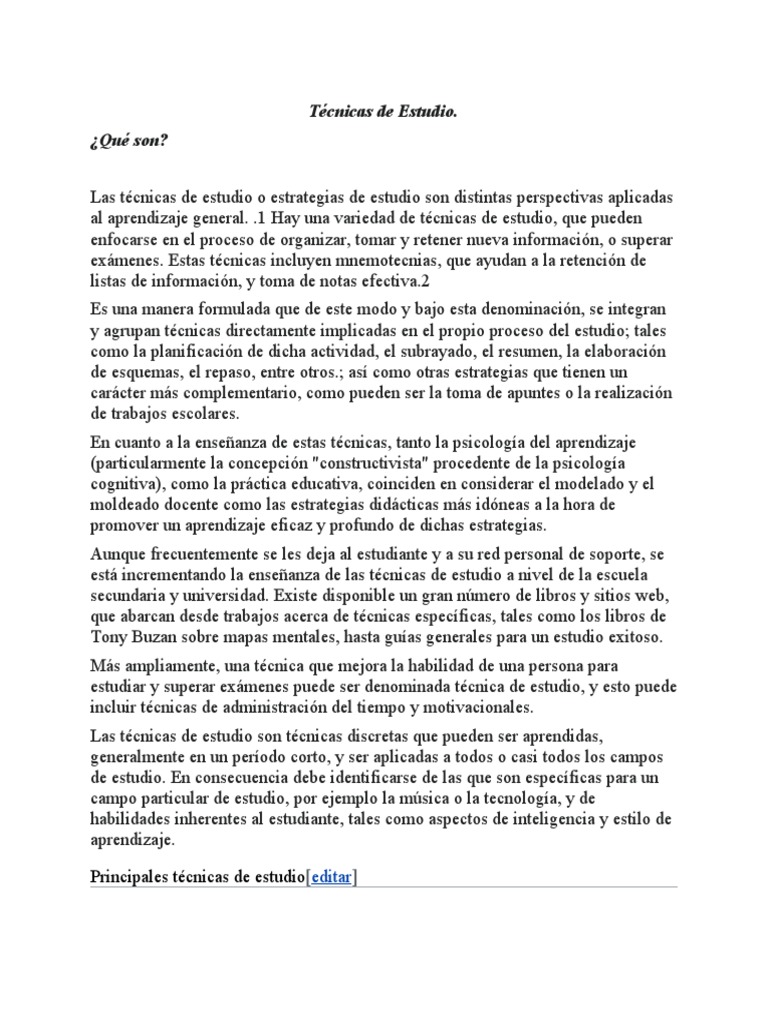 Técnicas de Estudio | PDF | Habilidades de estudio | Ciencia cognitiva
