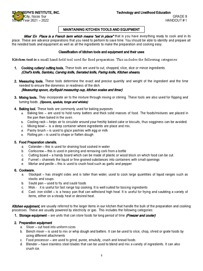 TLE GRADE 9 Handout # 1 (FIRST QUARTER) | PDF | Grilling | Baking