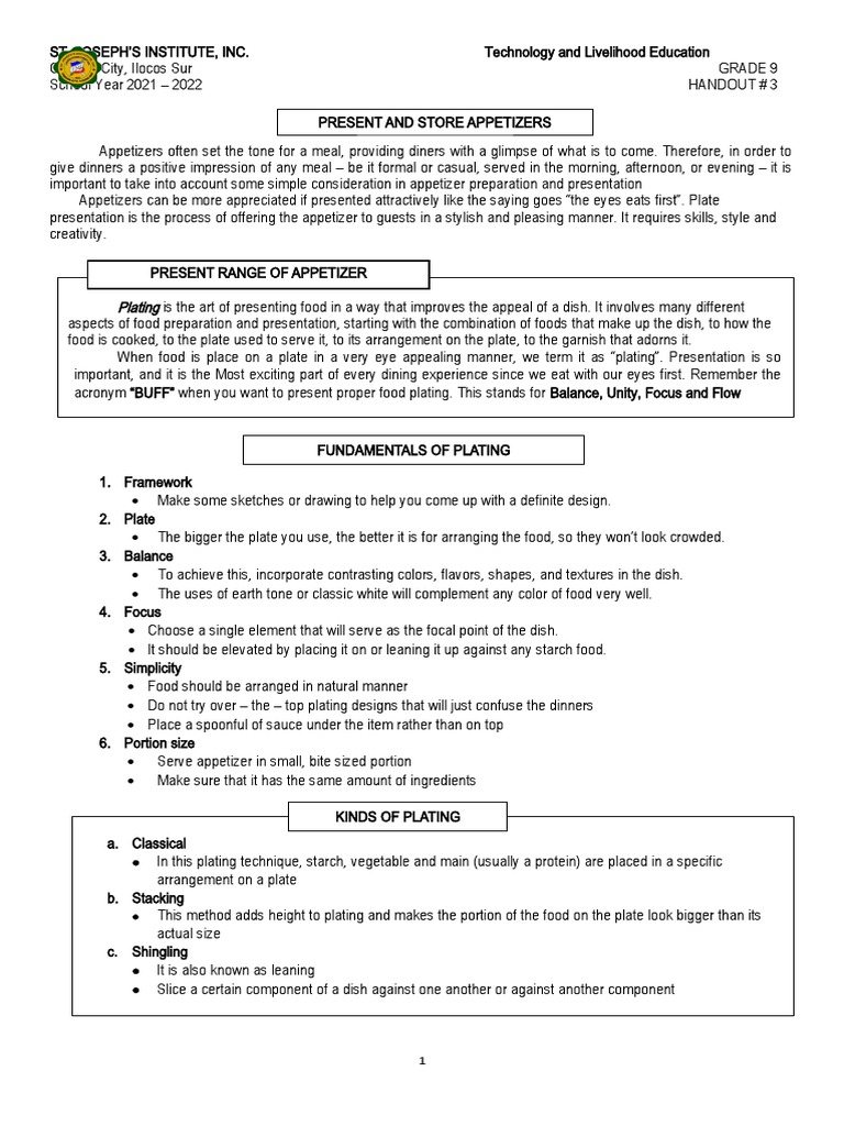 Tle Grade 9 Handout 3 First Quarter Pdf Hors Doeuvre Tableware 