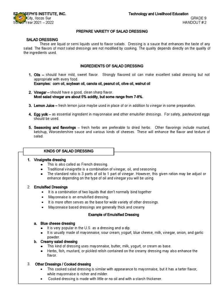 TLE GRADE 9 Handout # 2 (SECOND QUARTER) | PDF | Mayonnaise | Vinaigrette
