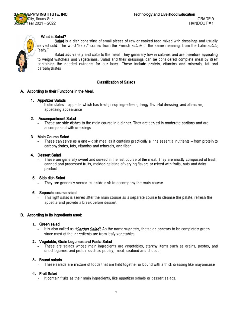 TLE GRADE 9 Handout 1 (SECOND QUARTER) | PDF | Salad | Cuisine