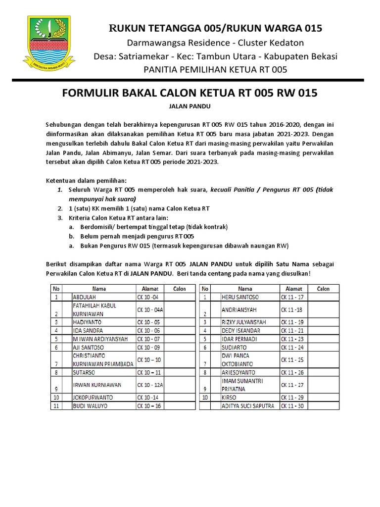 005 FORMULIR BAKAL CALON KETUA RT | PDF