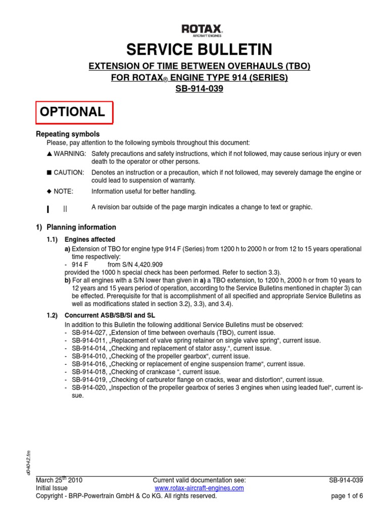 SB-914-039 - Extension of Time Between Overhauls (TBO) For ROTAX Engine ...