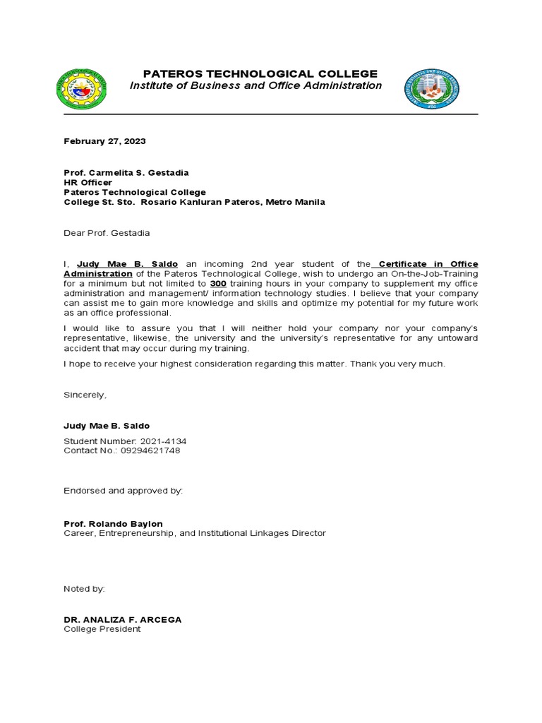 OJT-ENDORSEMENT-FORM-judy-mae-saldo | PDF