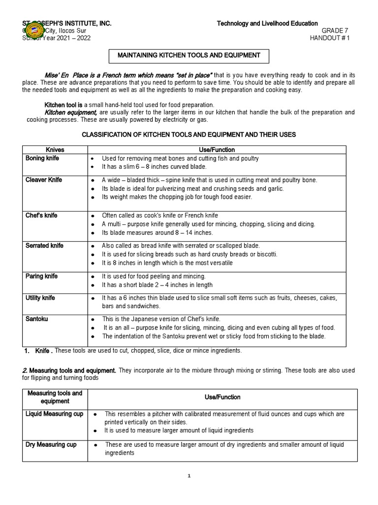 TLE GRADE 7 Handout #1 (Fisrt Quarter) | PDF | Knife | Tools