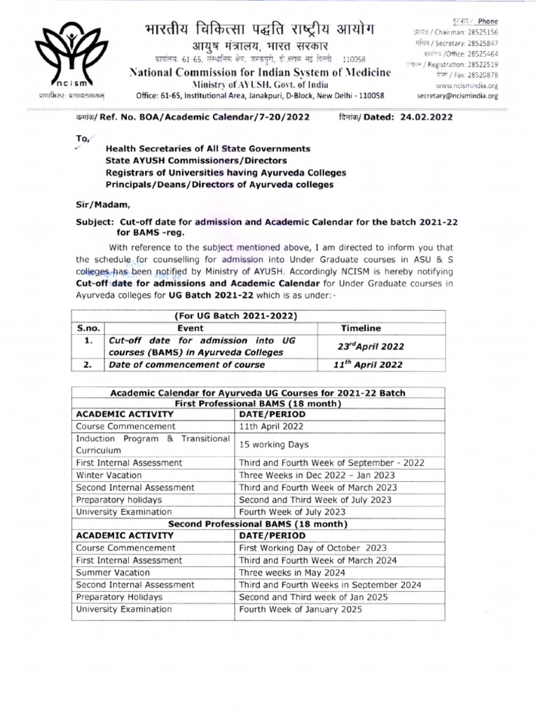 Academic Calender 2021 2022 | PDF