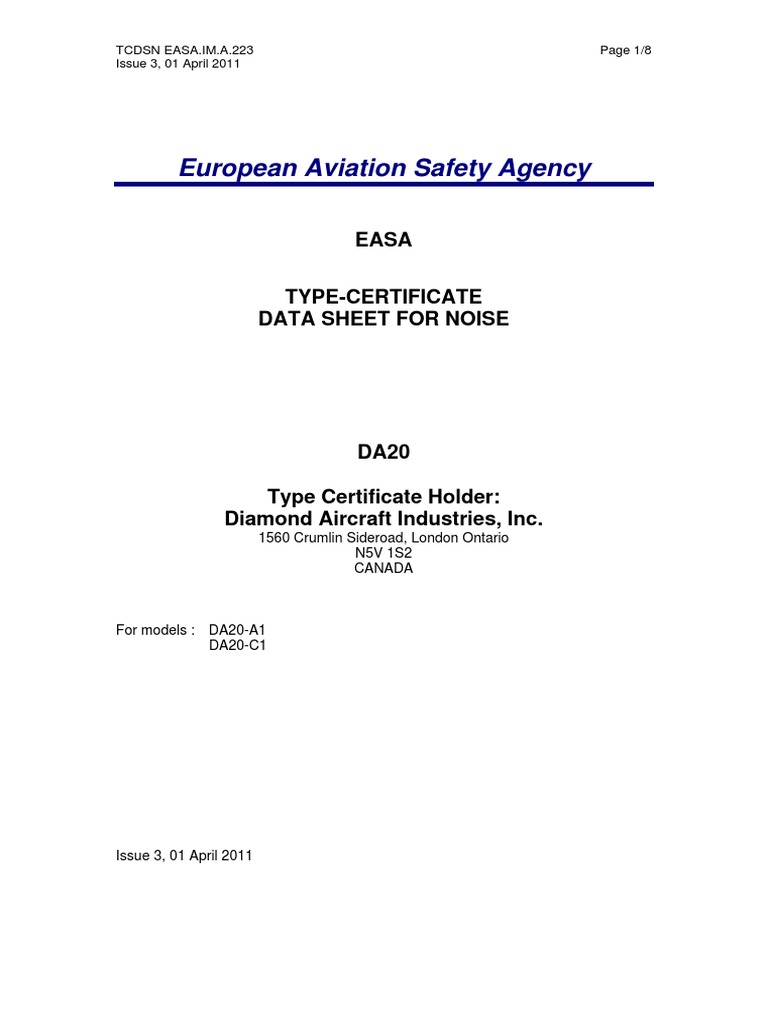 Noise EASA TCDS A.223 - (IM) - Diamond - DA - 20 A1, - DA - 20 C1 03 ...