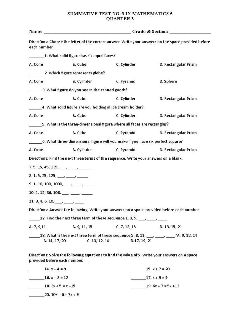 SUMMATIVE TEST NO. 3 Math 5 q3 | PDF