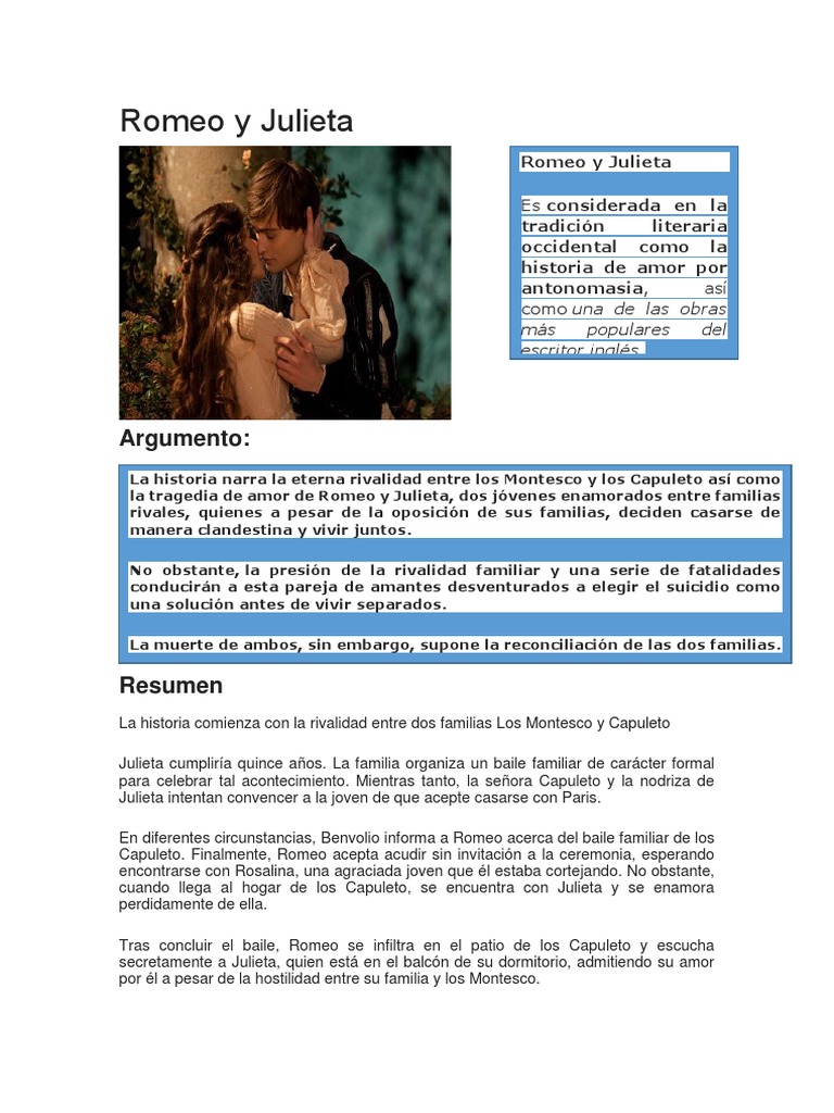 Romeo y Julieta: Argumento | PDF | Romeo y Julieta | Tragedias de Shakespeare