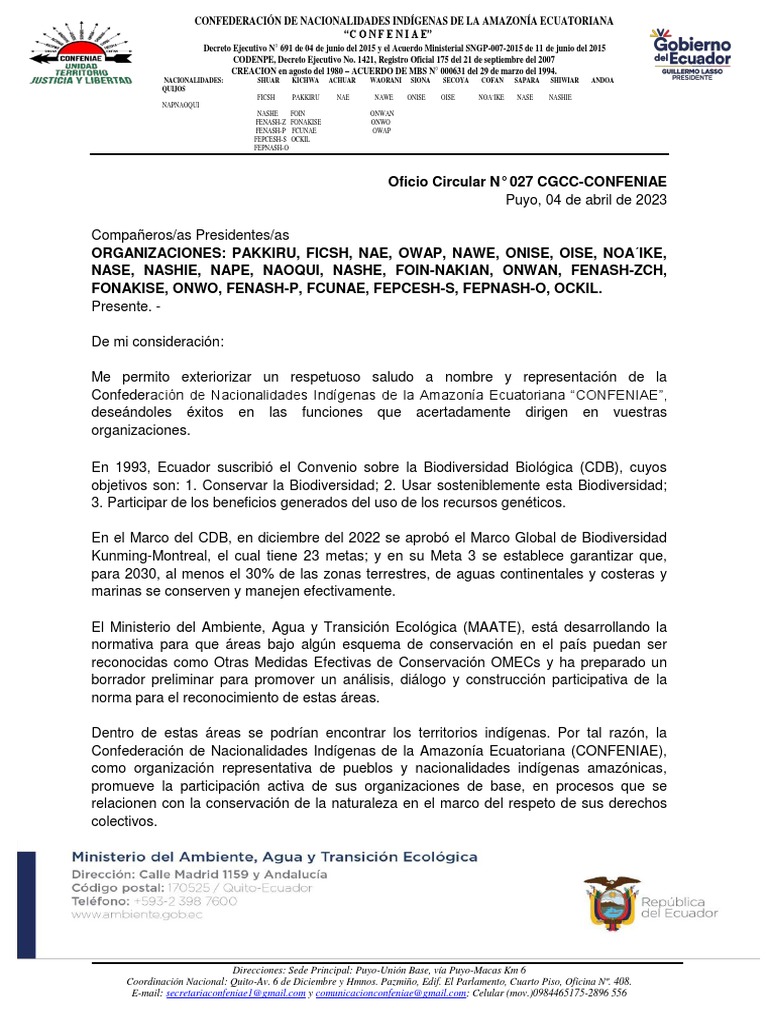 Oficio Circular #027 CGCC-CONFENIAE | PDF | Ecuador | Comunidad andina