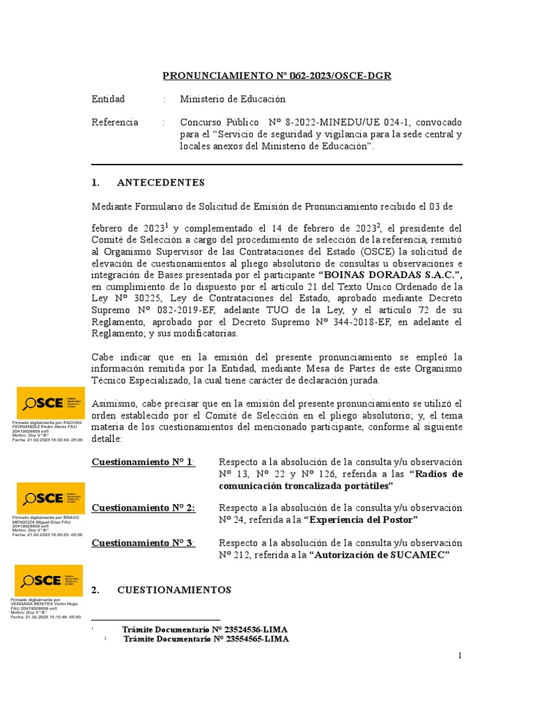 Pronunciamiento #062-2023 - Osce-Dgr | PDF | Frecuencia ultra alta | Vigilancia