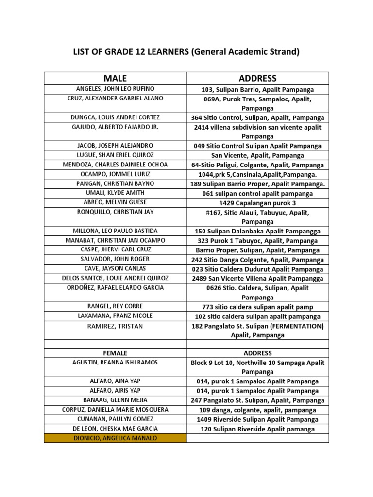 List of Grade 12 Learners | PDF