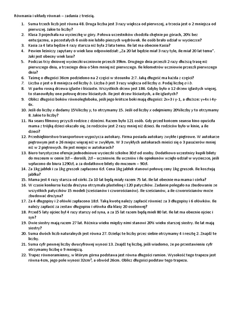 Równania I Układy Równań Zadania Z Treścią | PDF