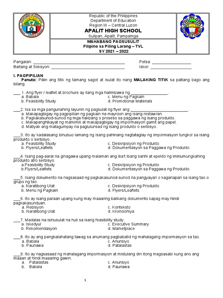 First Summative Exam Piling Larang TVL | PDF