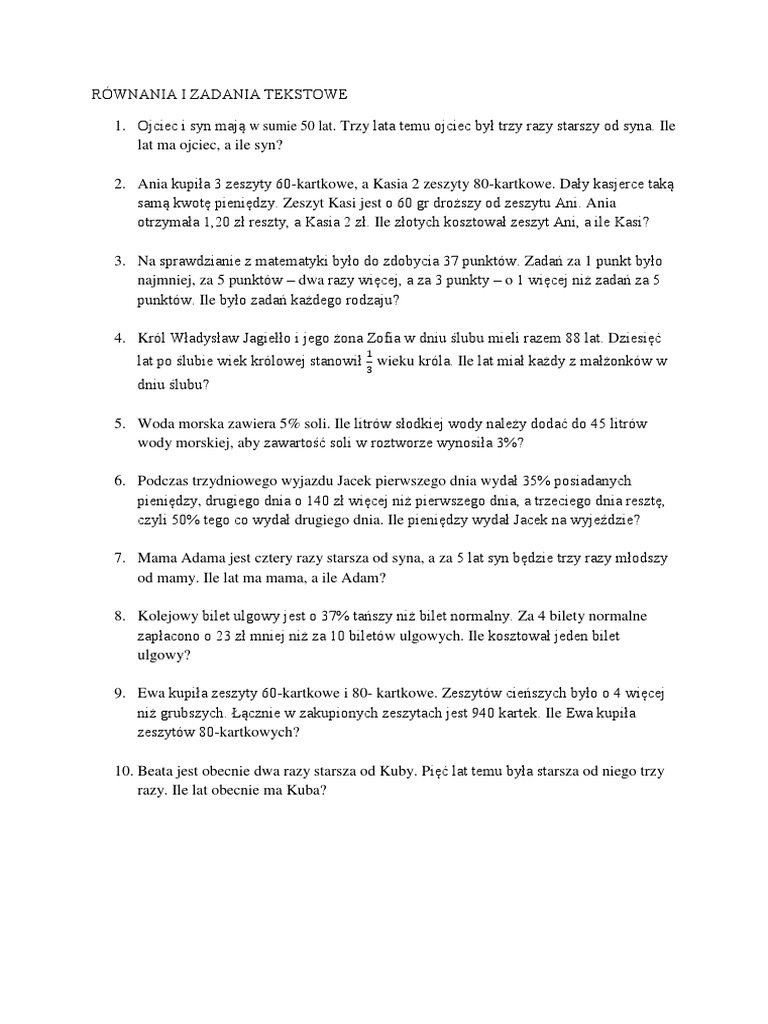 Rownania I Zadania Tekstowe | PDF