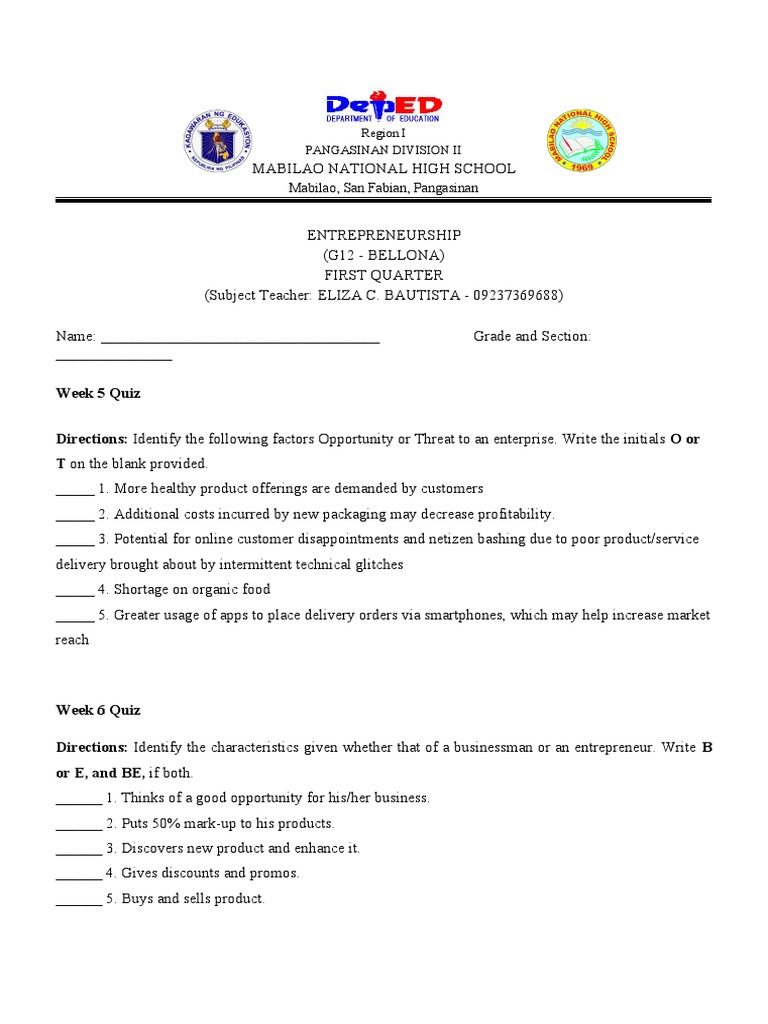 Mabilao National High School Entrepreneurship Quizzes | PDF ...