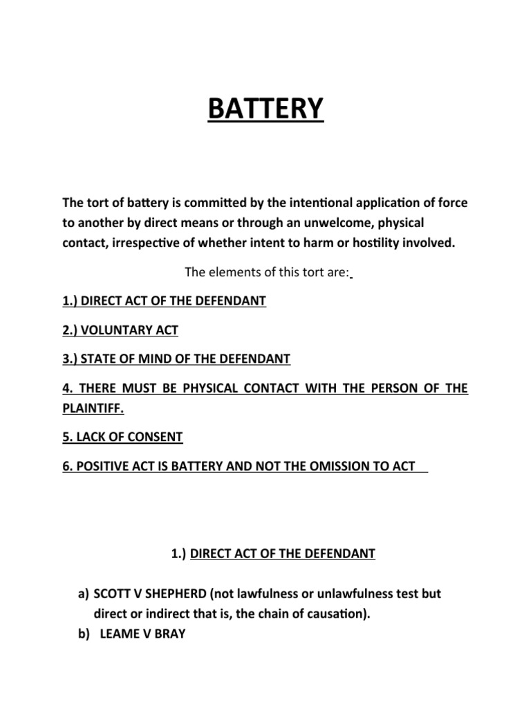 Elements of Battery in Tort Law | PDF | Trespass | Negligence