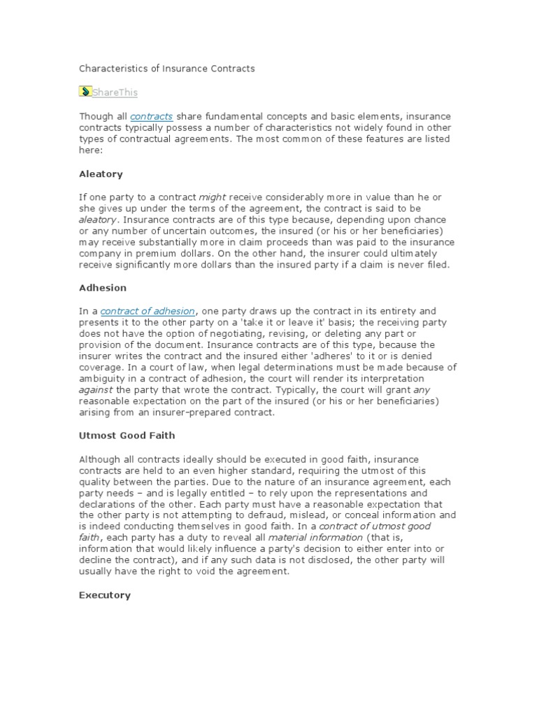 Characteristics of Insurance Contracts | PDF | Misrepresentation ...