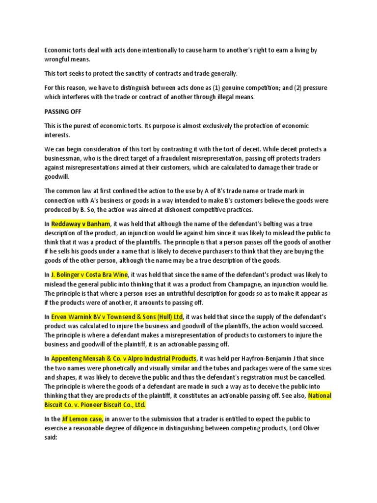 Notes On Economic Torts | PDF | Defamation | Tort