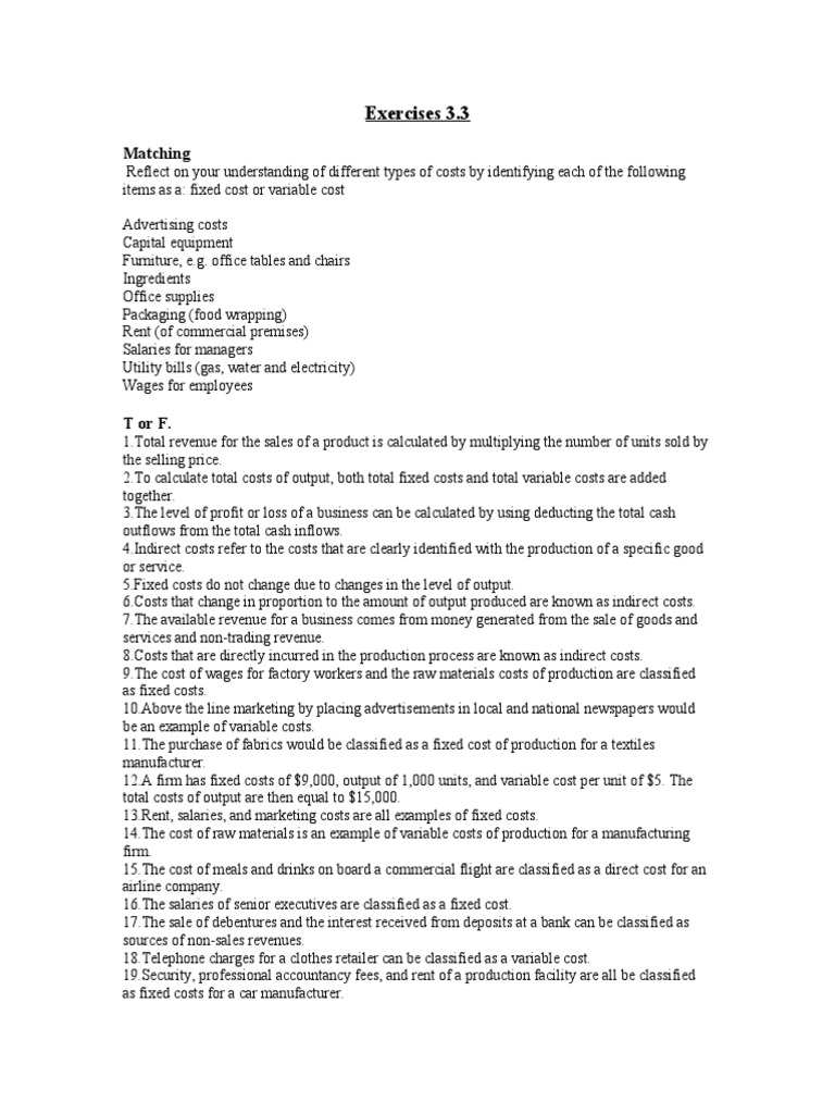 3 3 Exercises Pdf Cost Profit Economics