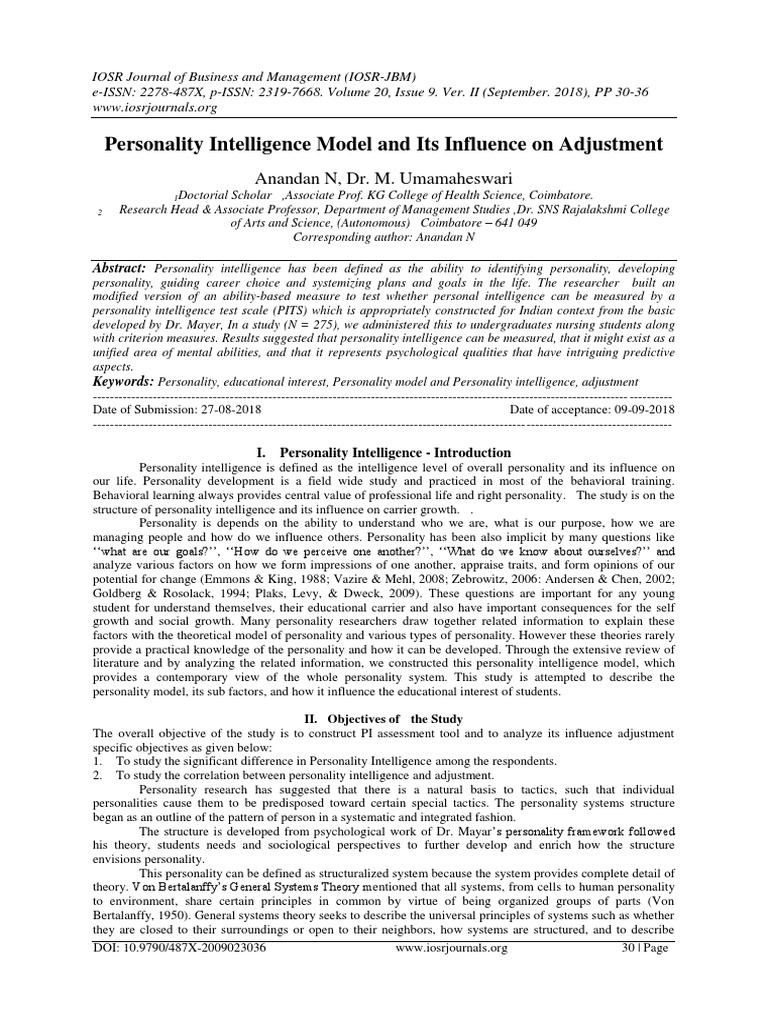 Personality Intelligence and Adjustment Model | PDF | Cronbach's Alpha ...